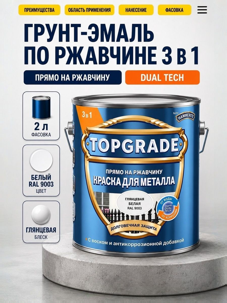 Грунт-эмаль по ржавчине 3 в 1 гладкая HAMMERITE/TOPGRADE, Краска по ржавчине для металла, алкидная, глянцевая, белый RAL 9003, 2 л