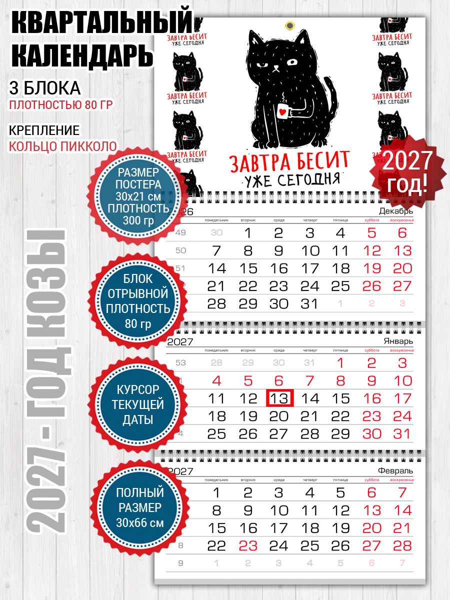 Календарь настенный Завтра бесит Котик