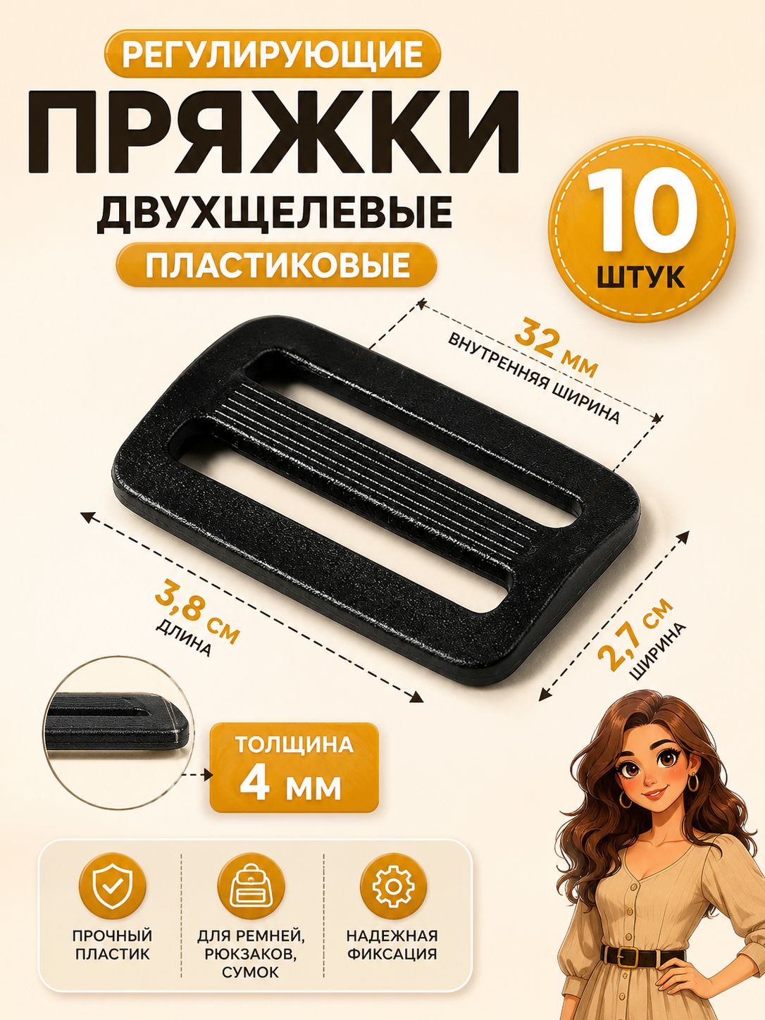 Набор пластиковых двухщелевых регулирующих пряжек, внутренняя ширина 32 мм, толщина 4 мм, 10 штук, чёрные
