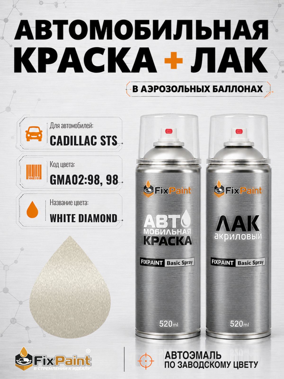 Краска и лак для CADILLAC STS, код GMA02:98, 98, Трехслойная WHITE DIAMOND, автомобильная эмаль базовая и акриловый глянцевый лак FixPaint в аэрозольных баллонах 520 мл