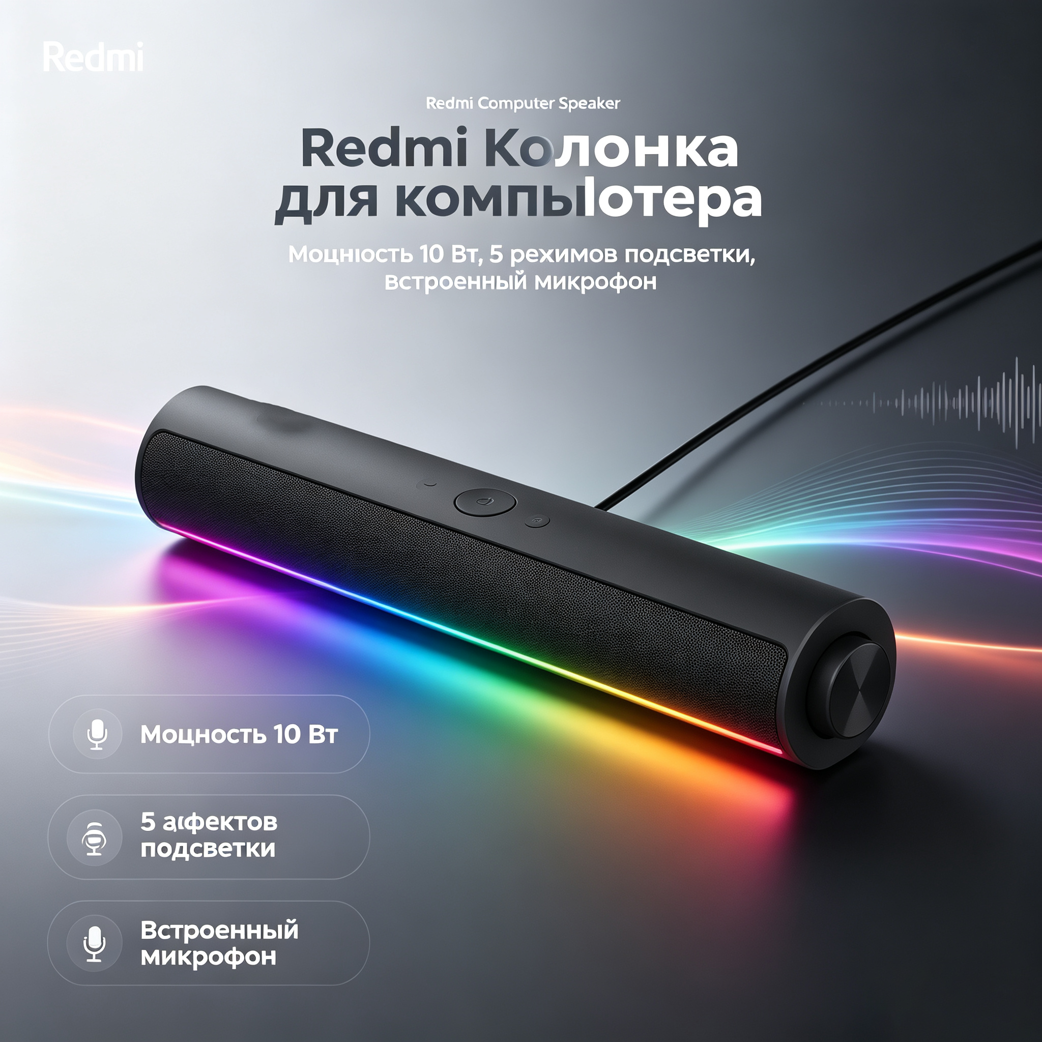 Звуковая панель Redmi для компьютера мощностью 10 Вт с RGB-подсветкой