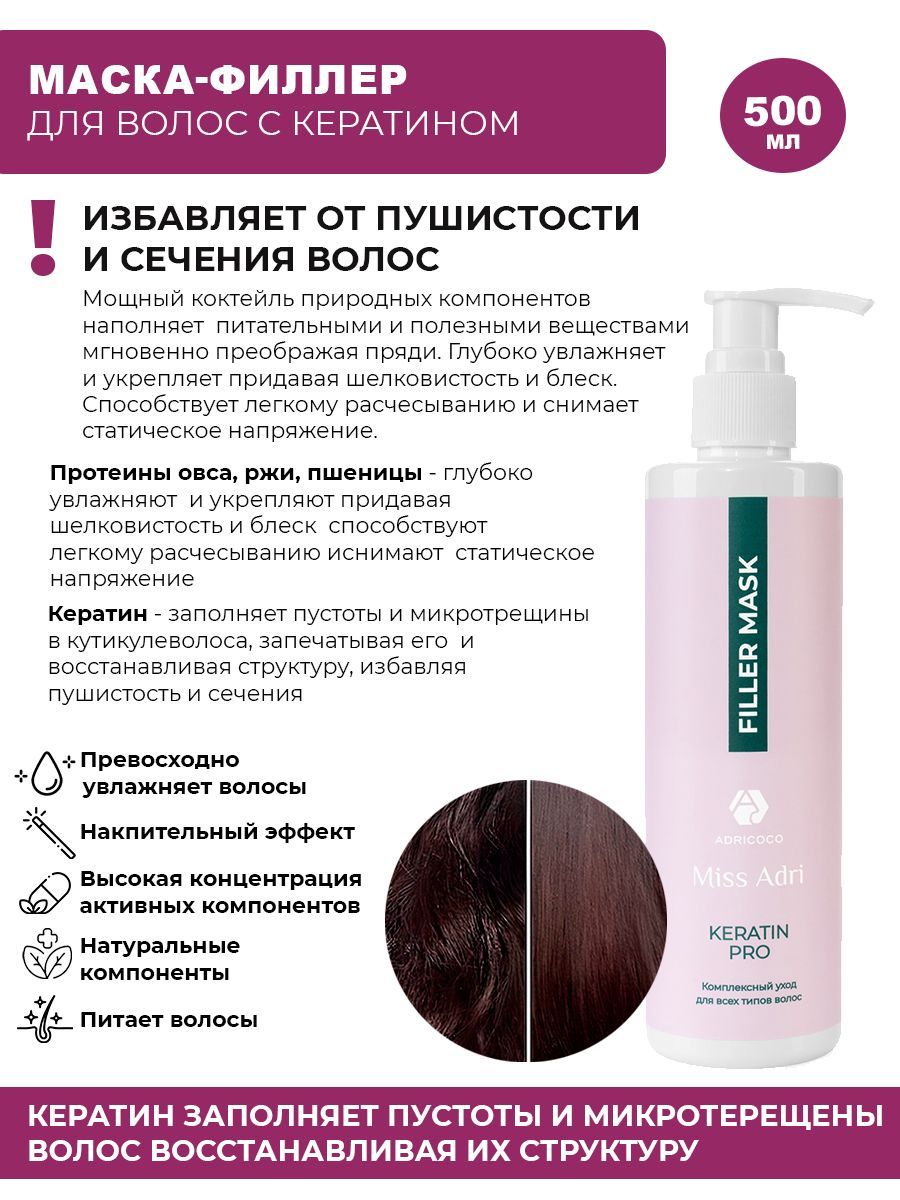 Adricoco, Miss Adri Keratin Pro - Маска - филлер для волос универсальная, с кератином, 500 мл
