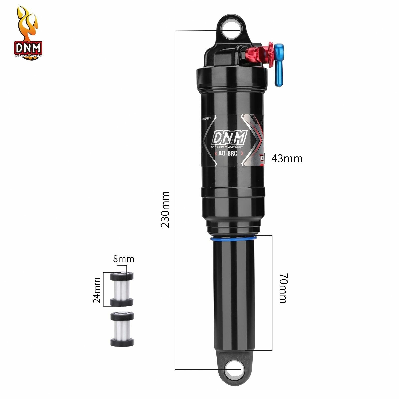 Амортизатор велосипедный задний DNM AO8RC, 230 мм, с воздушным давлением и мягким ходом, оснащенный эксклюзивной трехступенчатой блокировкой и регулировкой демпфирования