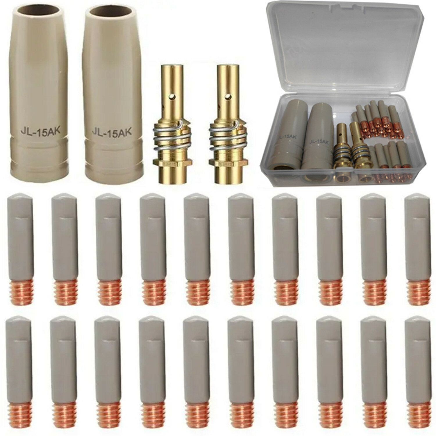 24PCS Насадка для горелки MIG 15AK Новая с покрытием Защитная насадка Не склеивающаяся шлак Защитный рукав Штырь подключения Размеры 0.8 мм 1.0 мм 1.2 мм Материал Алюминиевый сплав Медь Совместима с Tig 15AK MIG MAG Тип Аксессуары для сварки Применение