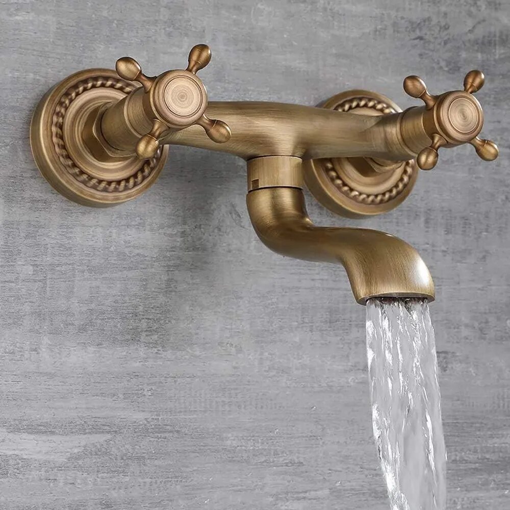 Ретро медный смеситель для ванны, настенный смеситель для ванной комнаты, смеситель для ванны с горячей и холодной водой с двойной ручкой