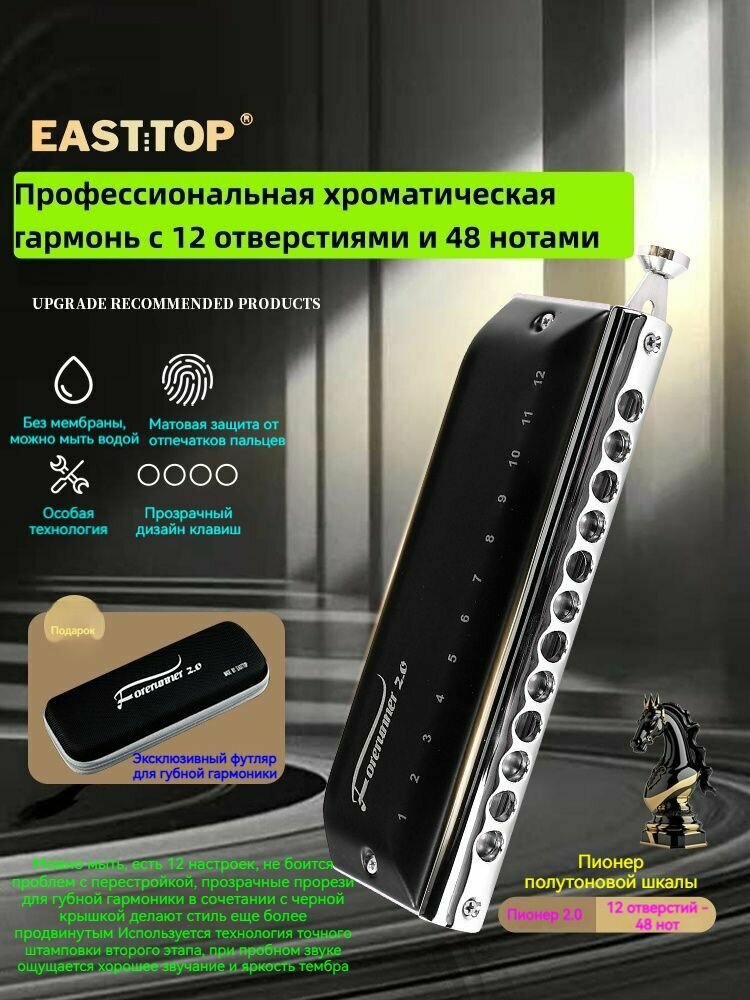 Хроматическая гармонь 12 отверстий 48 нот, безмебранная, моющаяся - для начинающих и музыкантов - Широкий диапазон, легкая игра - Для дома, учебы и концертов