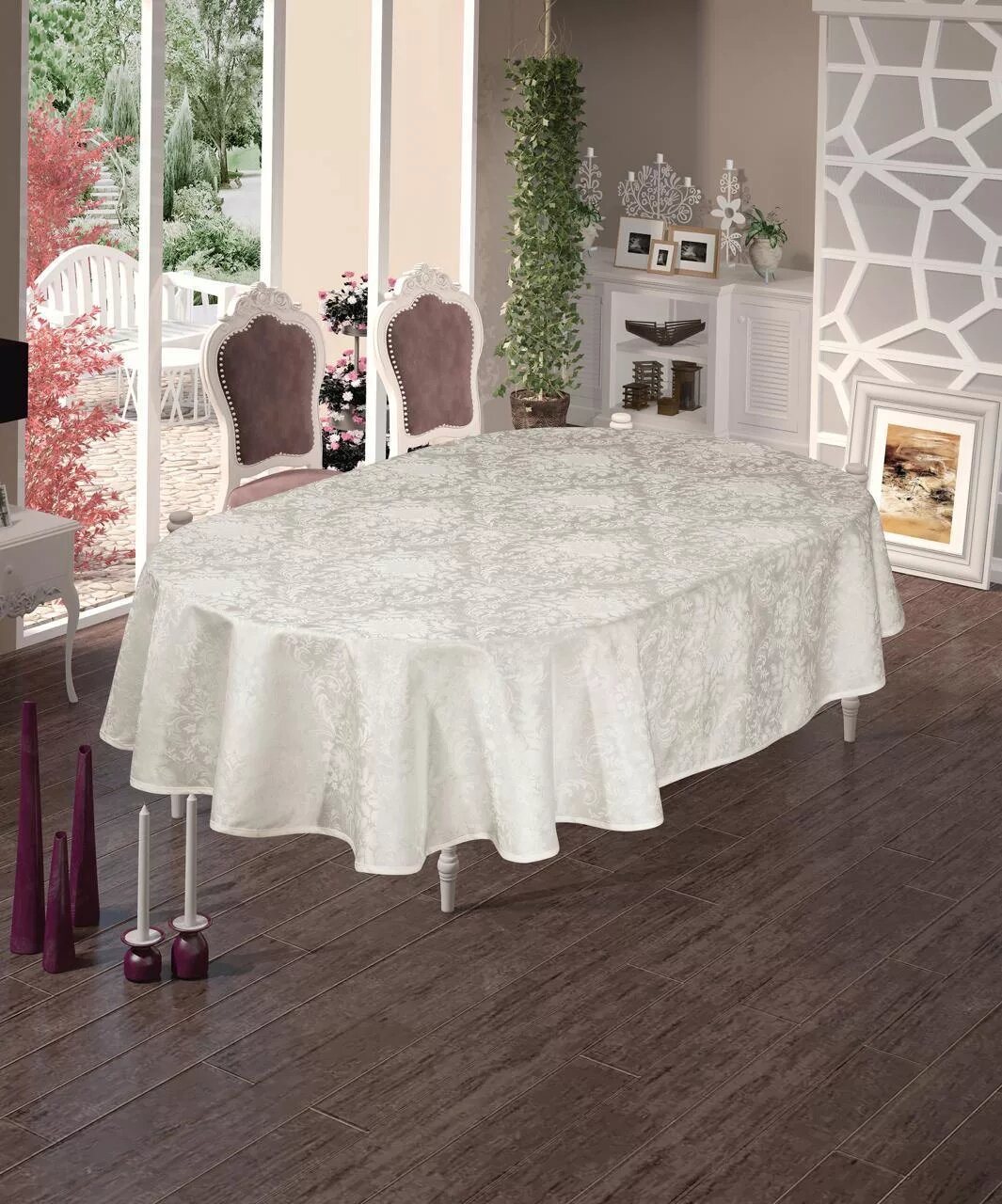 Скатерть овальная с жаккардом 12224 Begonya кремовый Doco (кремовый), Овальная скатерть 160x220
