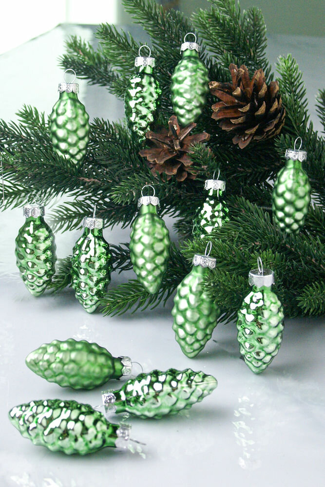 Набор ёлочных игрушек шишки-малышки, стекло, луговой зеленый, глянцевые и матовые, 60 мм, 12 шт, Kaemingk 010024