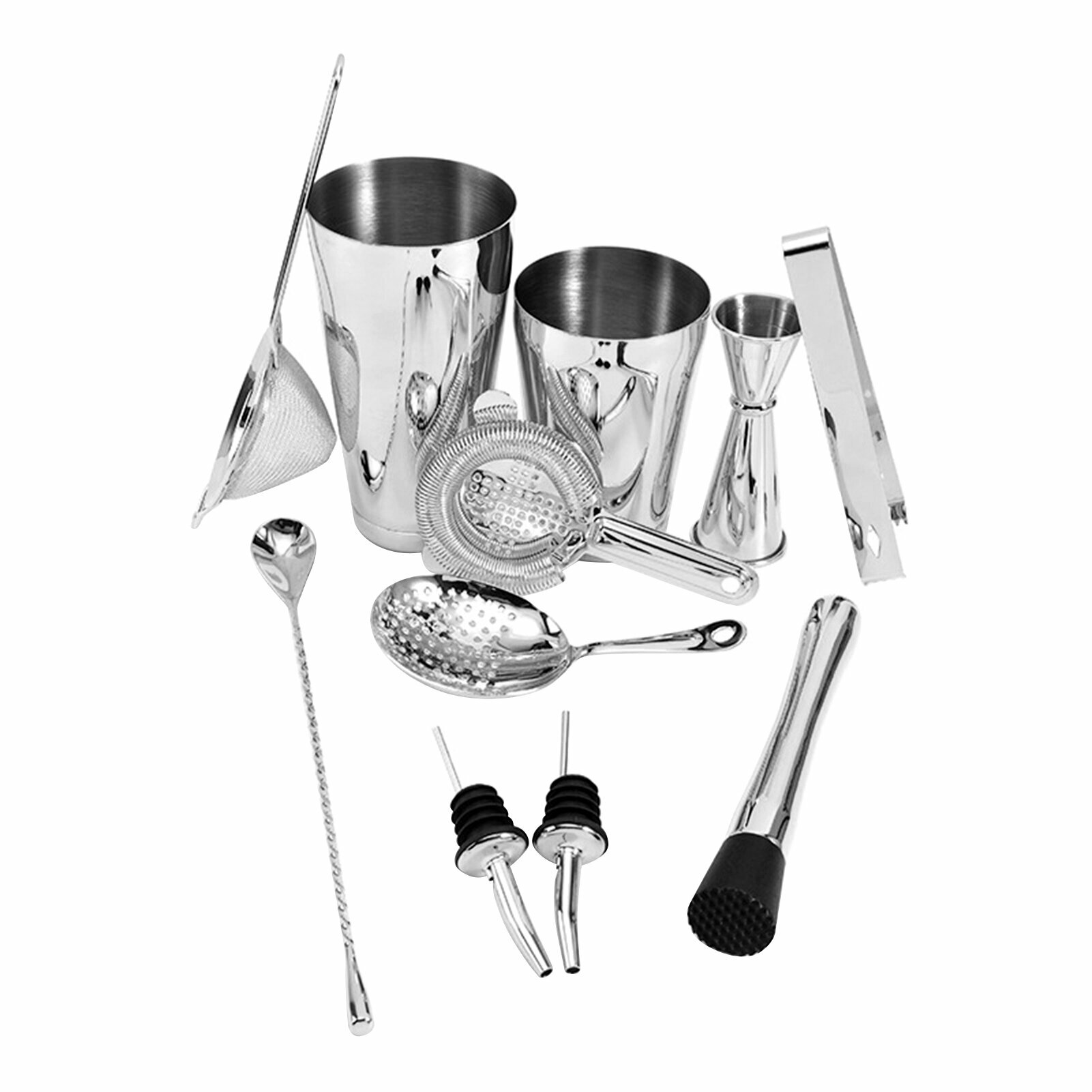 Набор для коктейлей 11 шт с боксовым шейкером и 3 разными стрейнерами, стальная посуда для миксовологии, включает шейкер, жигер, наливатель, ложку для смешивания, ладонь для льда, инструменты для приготовления винных напитков для домашнего бара, цвет: