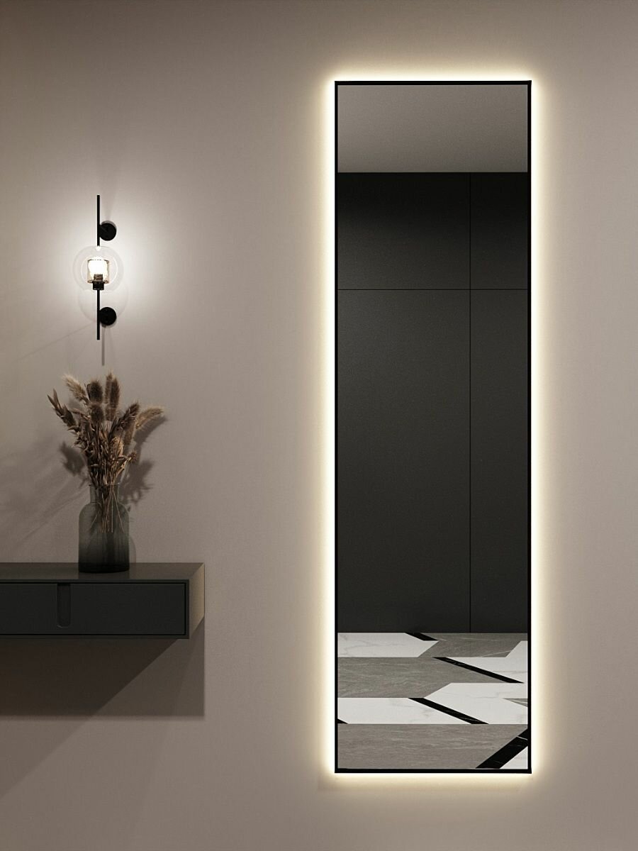 Зеркало настенное 160х45 см черное с подсветкой Свет: Нейтральный белый 4500К В алюминиевой раме интерьерное BLX MIRROR