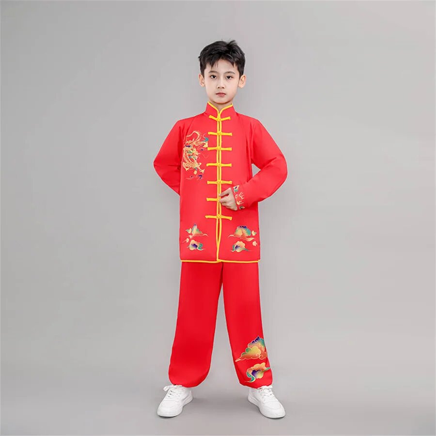 Детский традиционный костюм кунг-фу с принтом дракона Красный, 130 fit 120-130cm, as picture