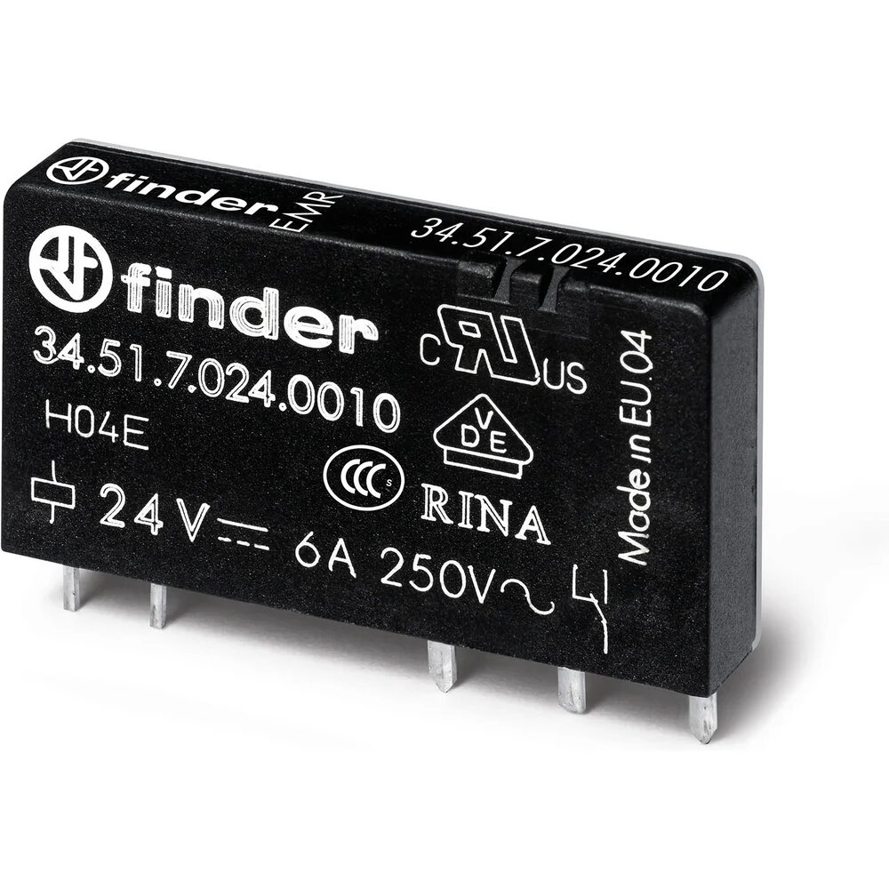Набор Ультратонкое электромеханическое реле FINDER 345170240010 20шт; монтаж на печатную плату; 1CO 6A; контакты AgNi; катушка 24В DC (чувствит.); степень защиты RTII 345170240010V20