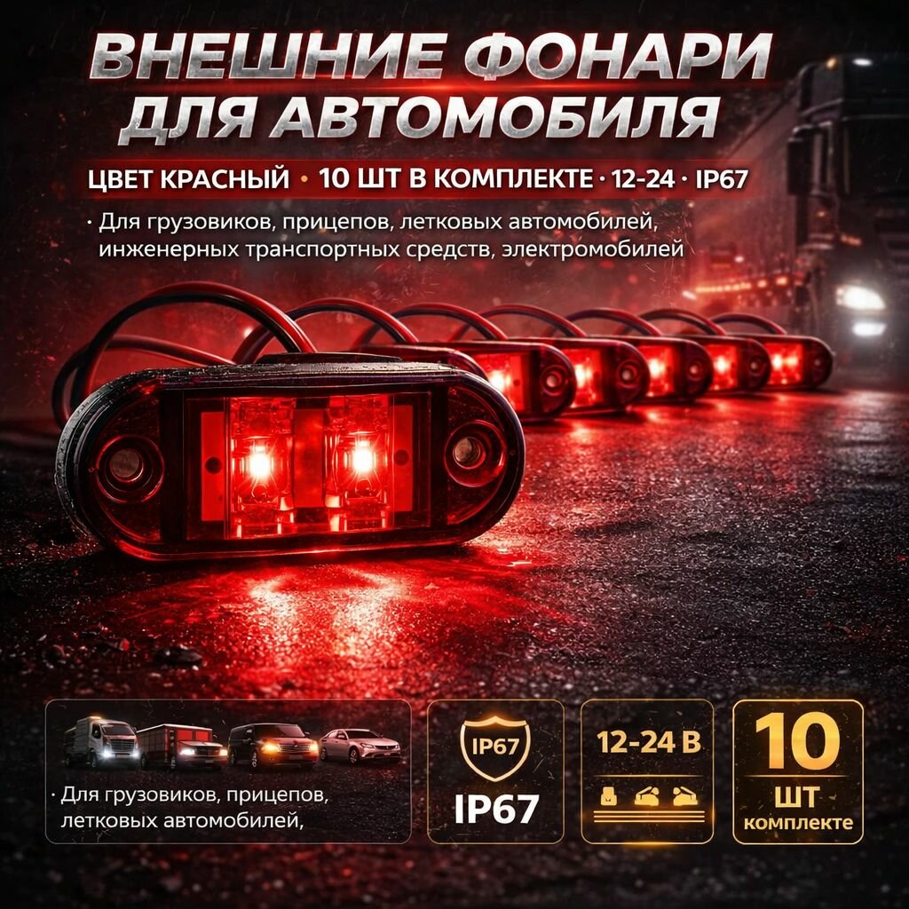 Светодиодные габаритные огни, 12-24V, IP67 led фонари для автомобиля, прицепа, грузовика, газели, боковые указатели габаритов, красные 10шт