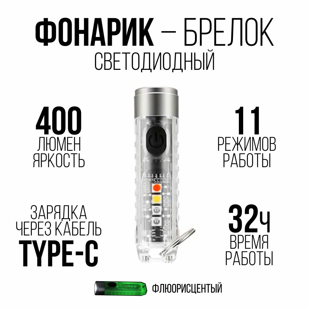 Карманный мультифункциональный фонарик-брелок светодиодный флуорисцентный
