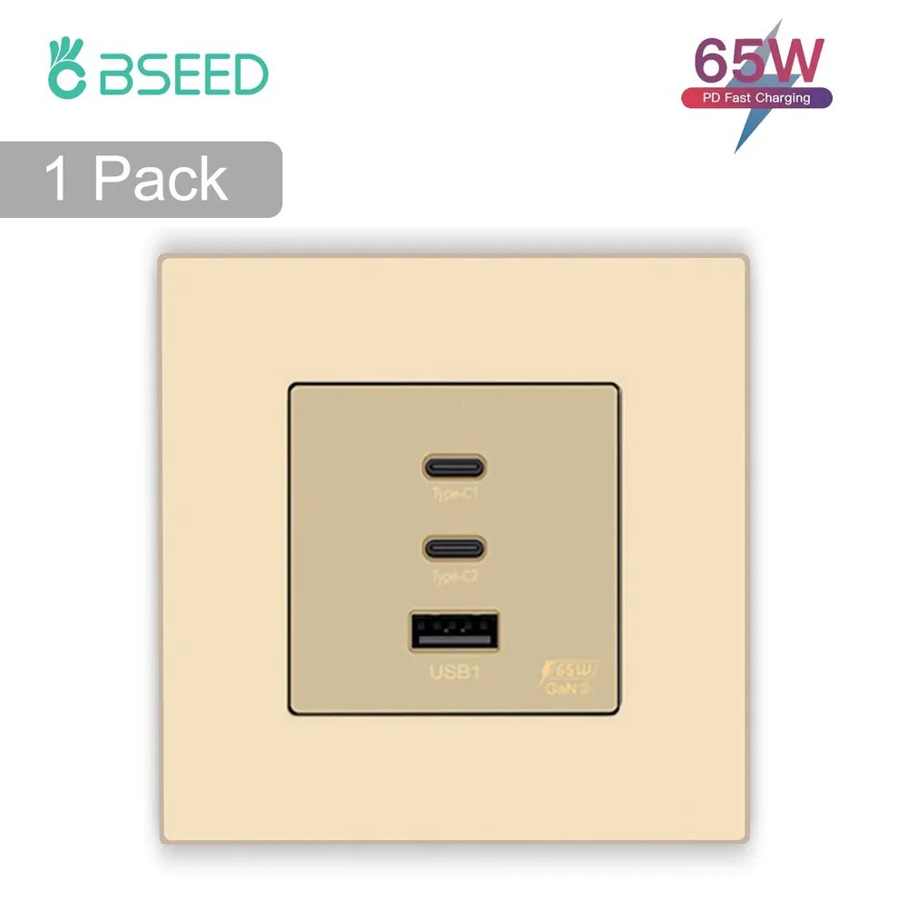 Розетка 65W с Type-C и USB-A (быстрая зарядка, защитное заземление) , Пластиковые рамы