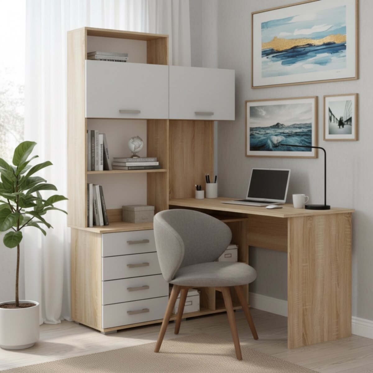 Стол компьютерный письменный угловой Памир ПКС-11 правый, с полкой надстройкой и выдвижными ящиками, белый/дуб сонома