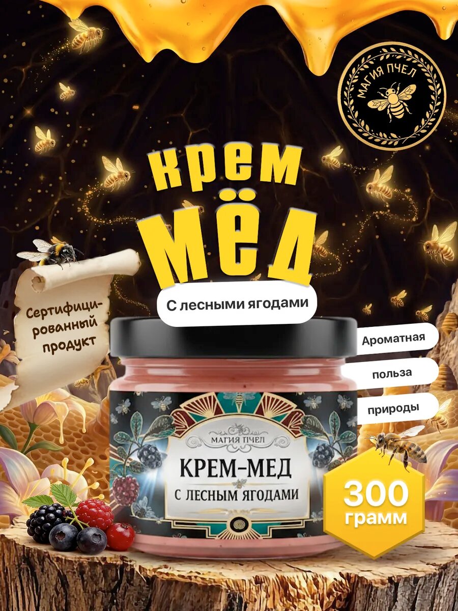 Крем-мед с лесными ягодами, 300 гр, сбор 2025г, сертифицирован, "Магия пчел"