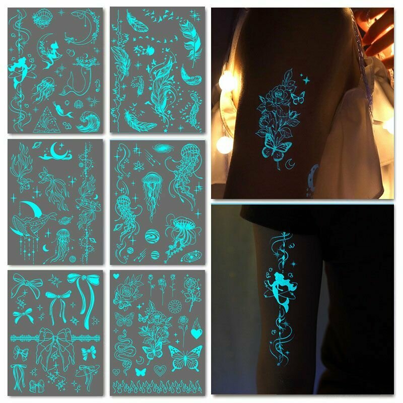 Белая хна татуировка наклейка красивое кружево на тыльной стороне руки цветок бабочка невеста светящаяся наклейка, светящийся стикер для запястья и ключицы