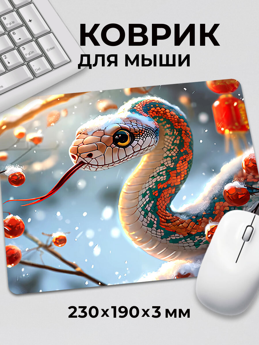 Коврик для мышки Змея Новогодняя в снегу c тканевой поверхностью, на нескользящем резиновом основании 230x190x3 мм