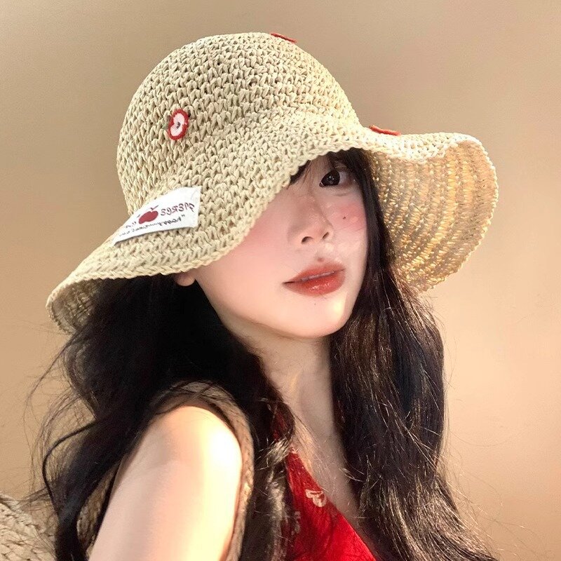 Маленькая соломенная шляпа в форме яблока для женщин, летняя соломенная шляпа для пляжного отдыха и отдыха на море, рыбацкая шляпа с большими полями, солнцезащитная шляпа от солнца