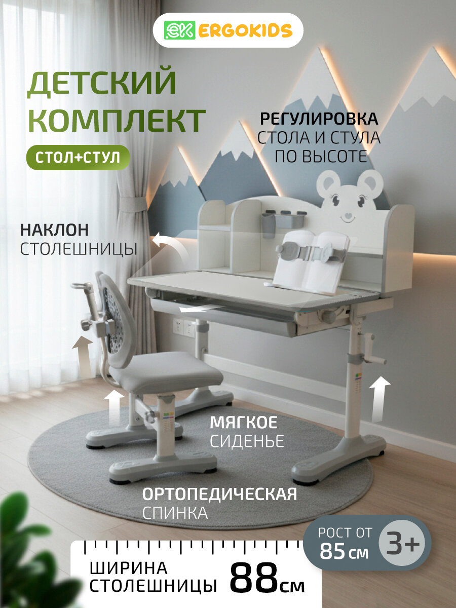 Растущий стол и стул детский комплект Ergokids Panda XL BD-29 серый