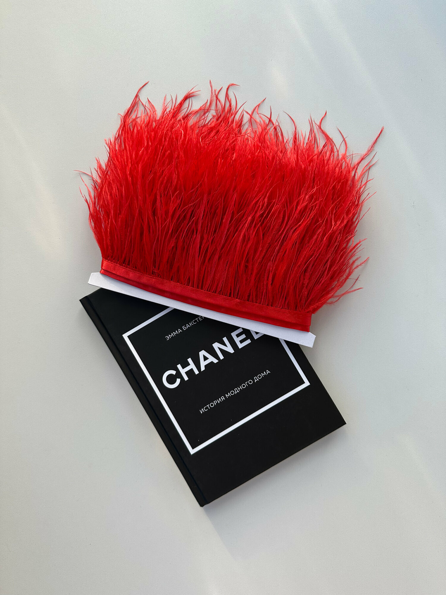 Тесьма с перьями на ленте страус, красный, 1 метр для творчества и пошива