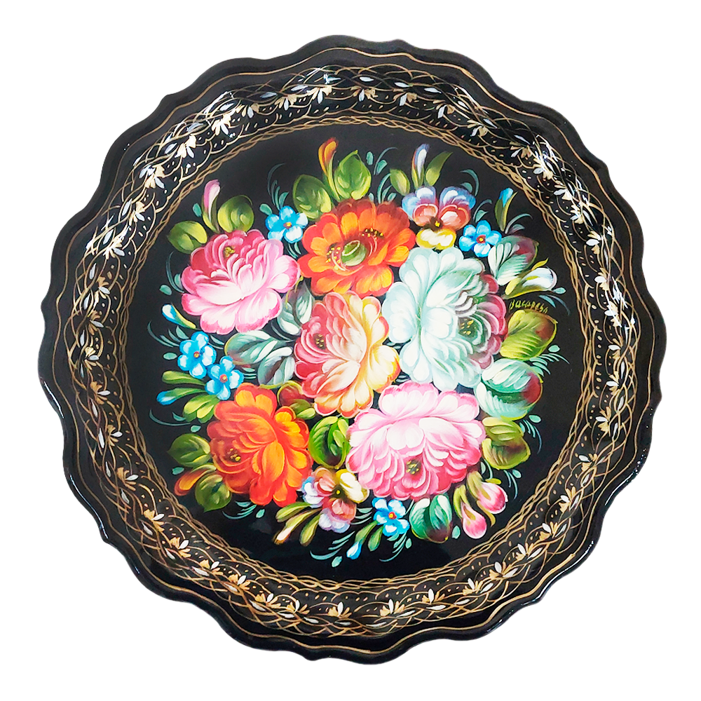 Поднос металлический, круглый "Шикарные пионы", жостово 37 см, (Ручная роспись)