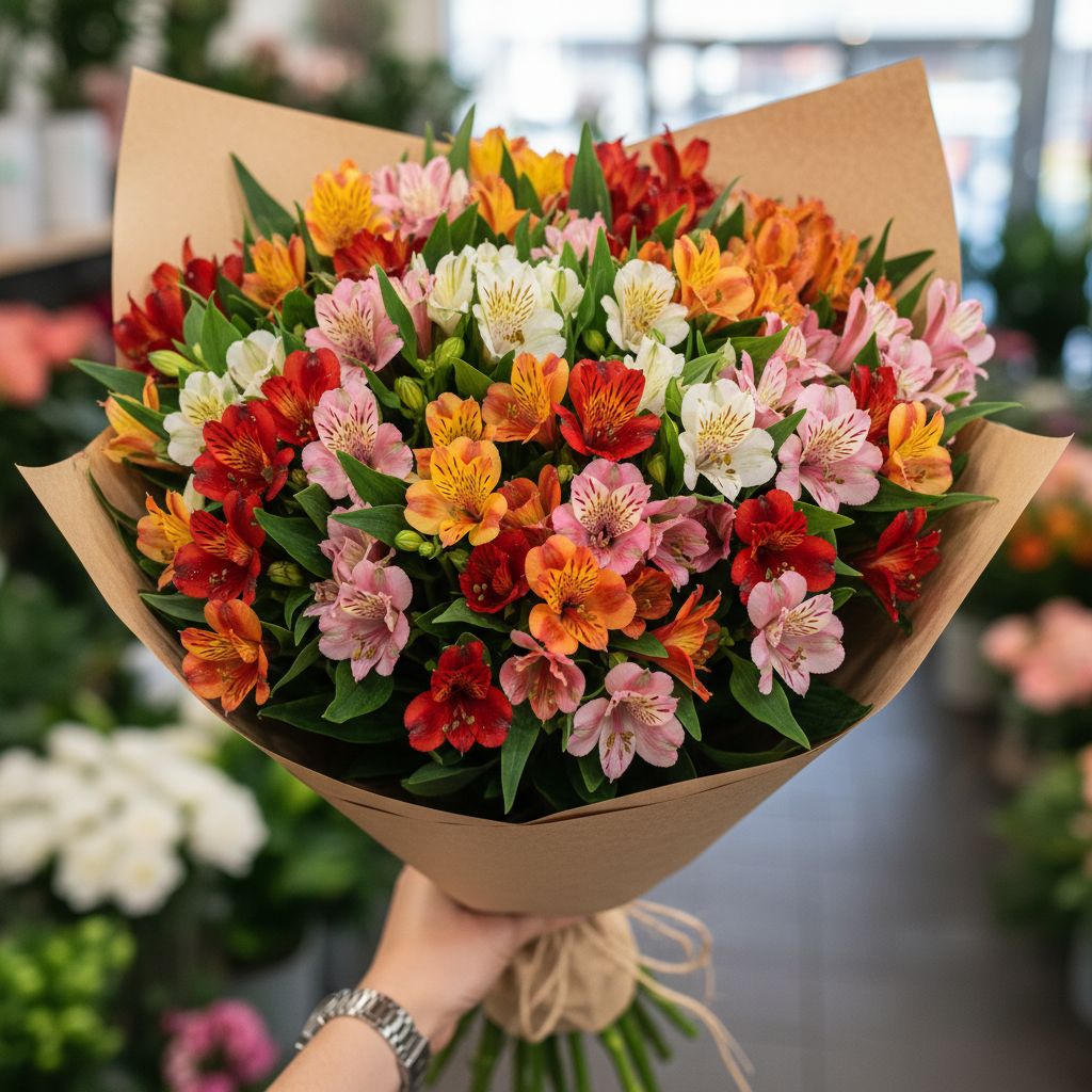 Букет цветов LuxFlowers №1, свежая и яркая альстромерия, высота 60 см, 51 цветок
