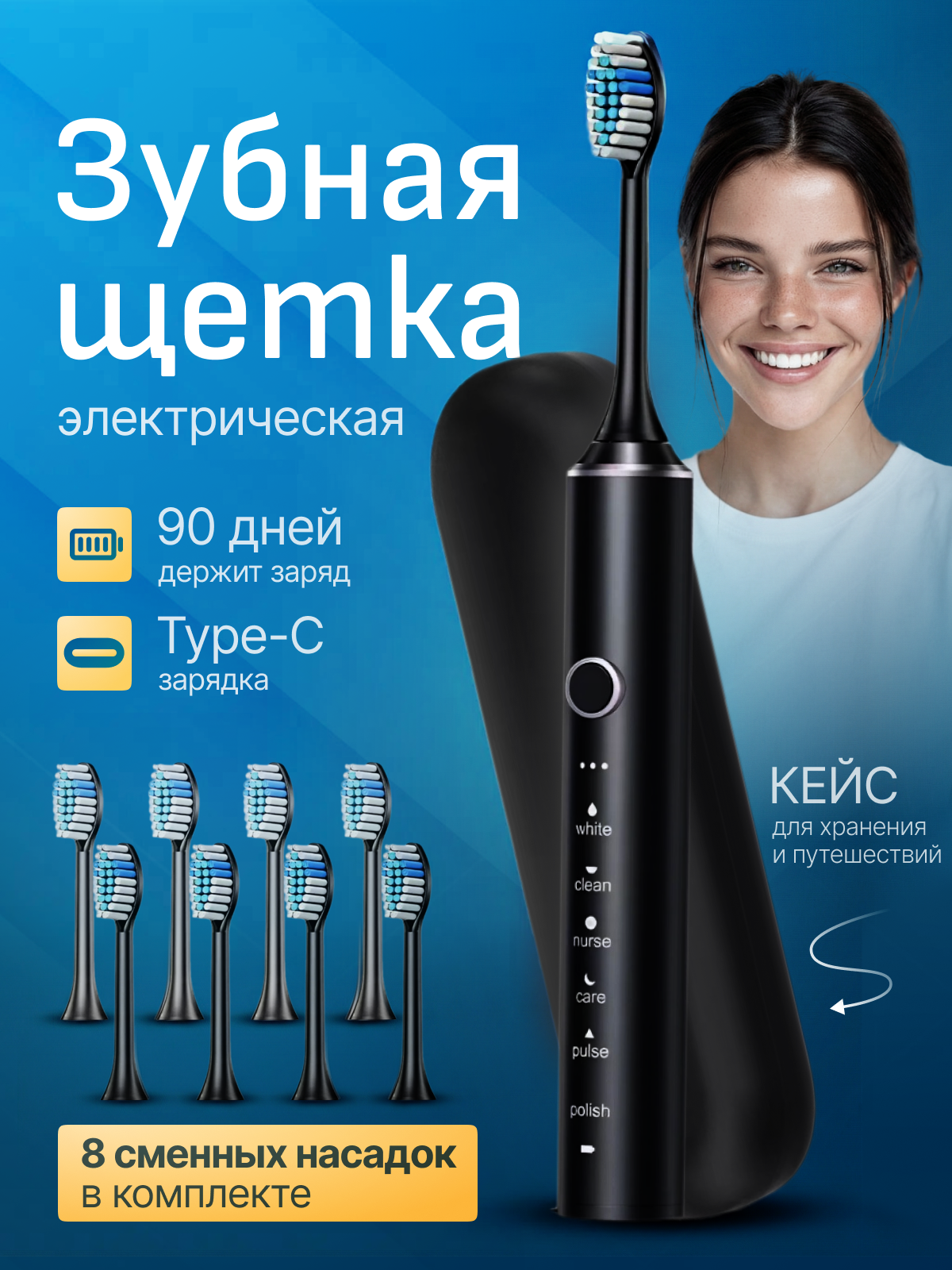 Электрическая зубная щетка ультрозвуковая чёрная, насадки в подарок
