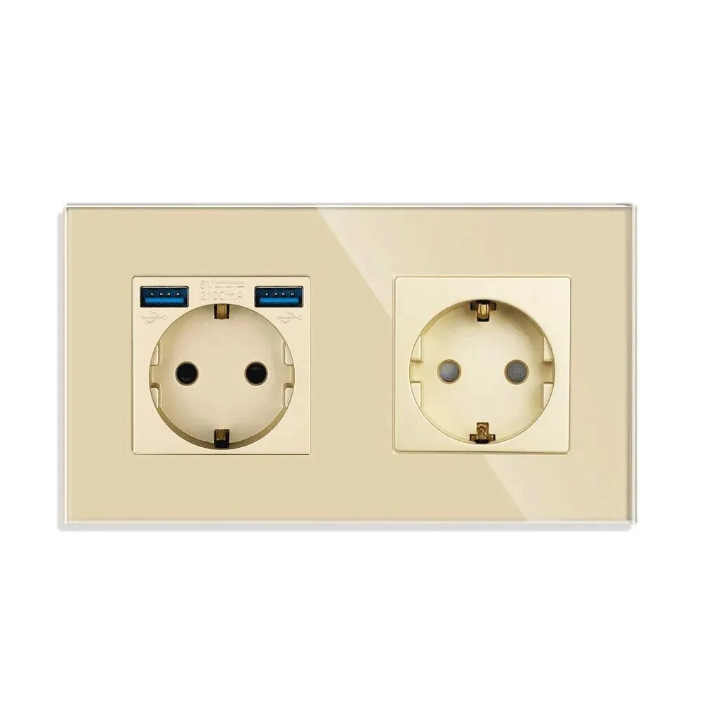 Розетка 2 поста с 2 USB-портами, 16А 110-250В, с заземлением и защитных шторок, золото