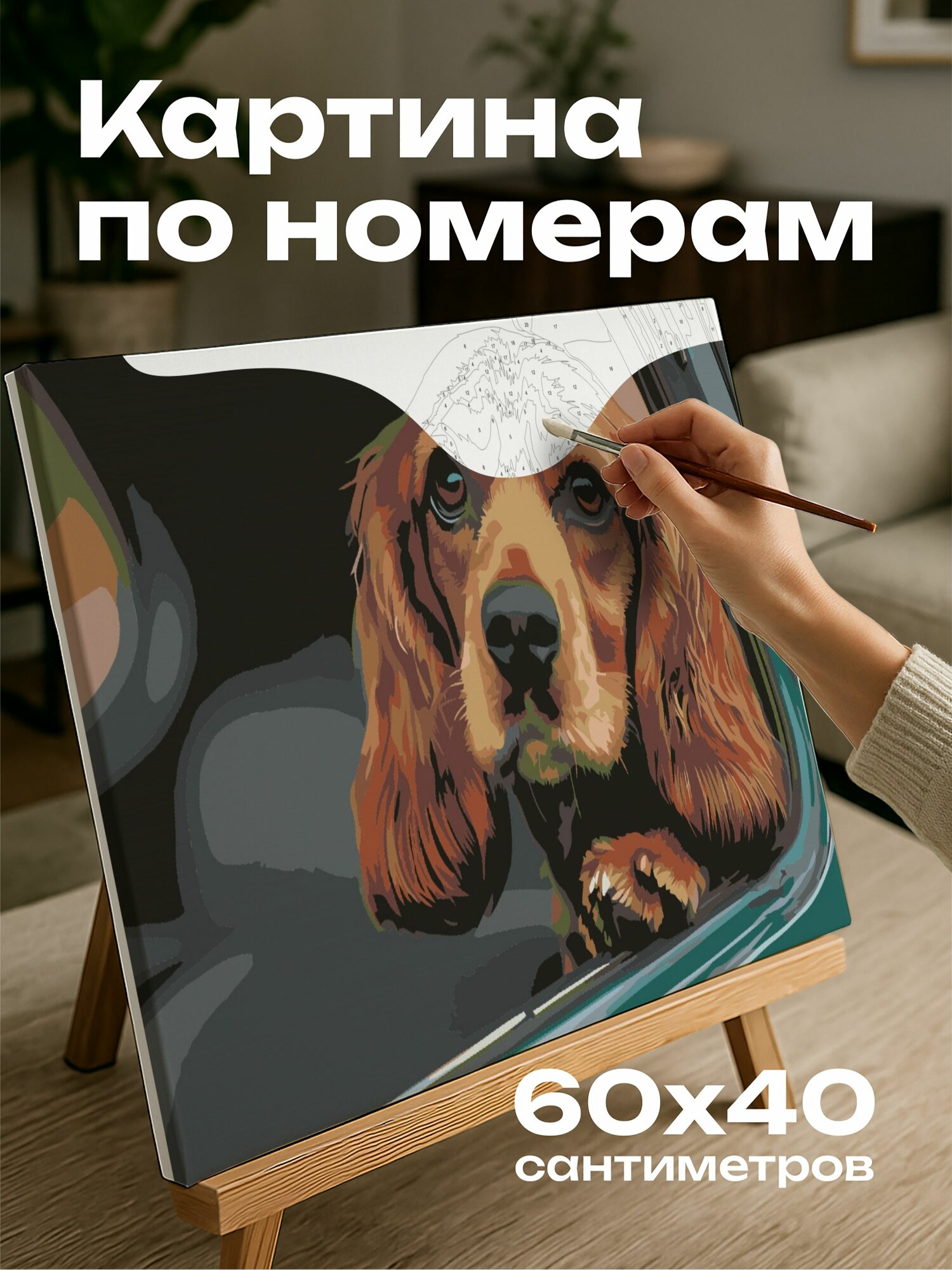 Картина по номерам 60x40 см, Кокер-спаниель, окно винтажного автомобил, ветер, уши, Canon EF 50mm f, 1.8 STM, ISO 200