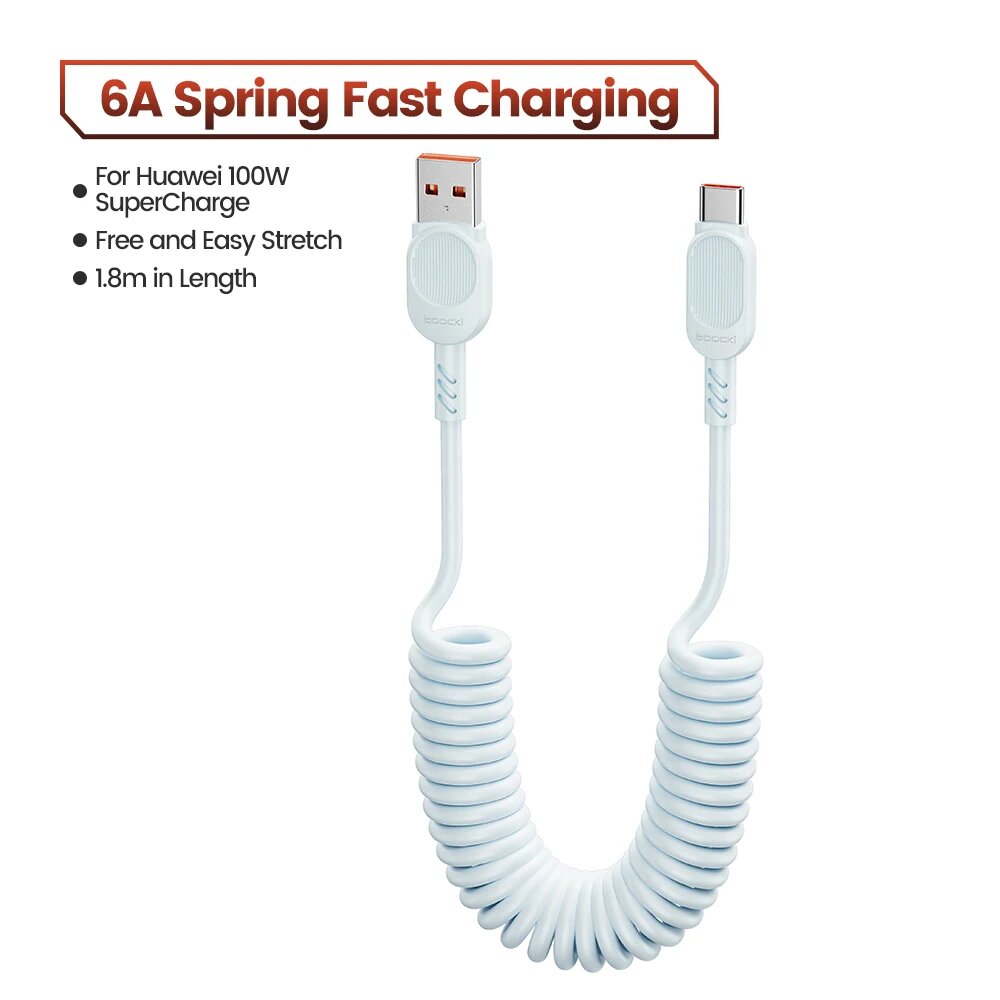 Toocki 6A USB C-кабель 66 Вт для быстрой зарядки автомобиля, пружинный кабель типа C для Huawei Blue