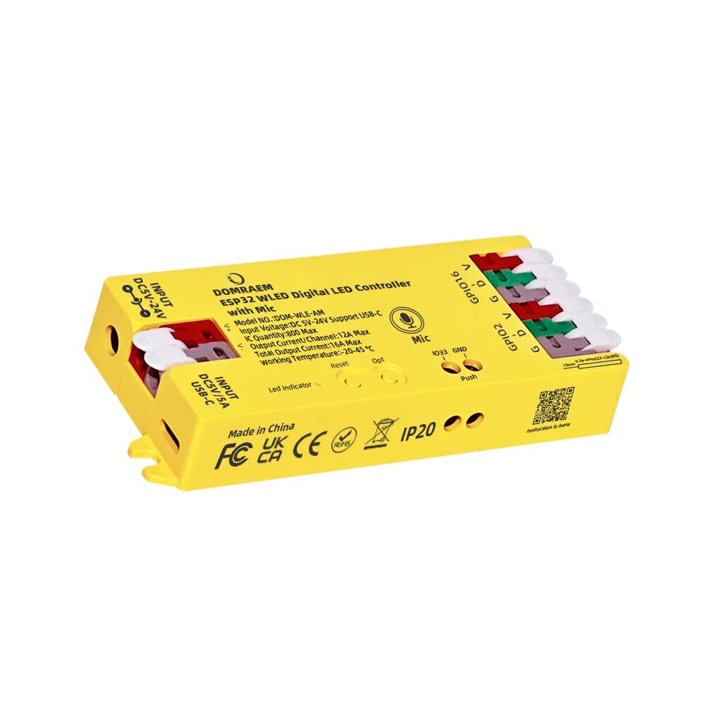 RGB-контроллер DOMRAEM ESP8266/ESP32 USB-C Желтый, Yellow ESP32with Mic