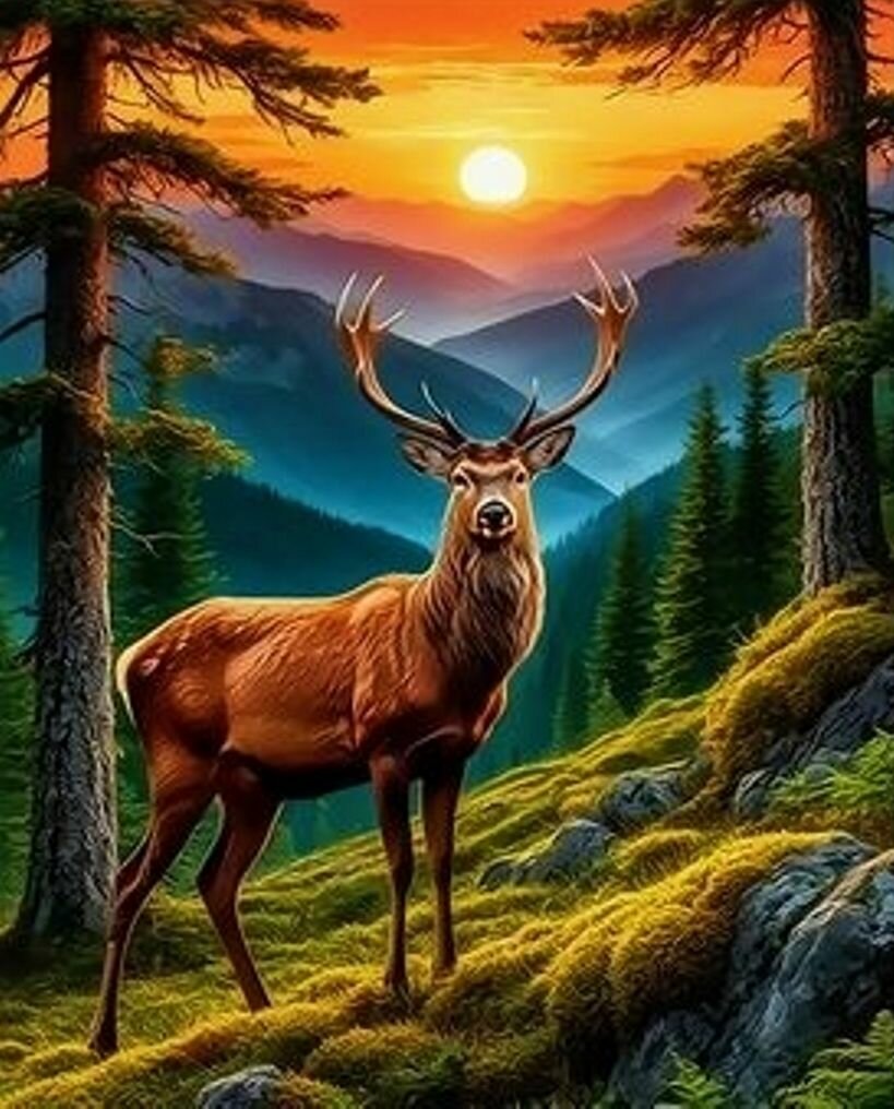 Картина по номерам на подрамнике 40*50 см "Олень в хвойном лесу"