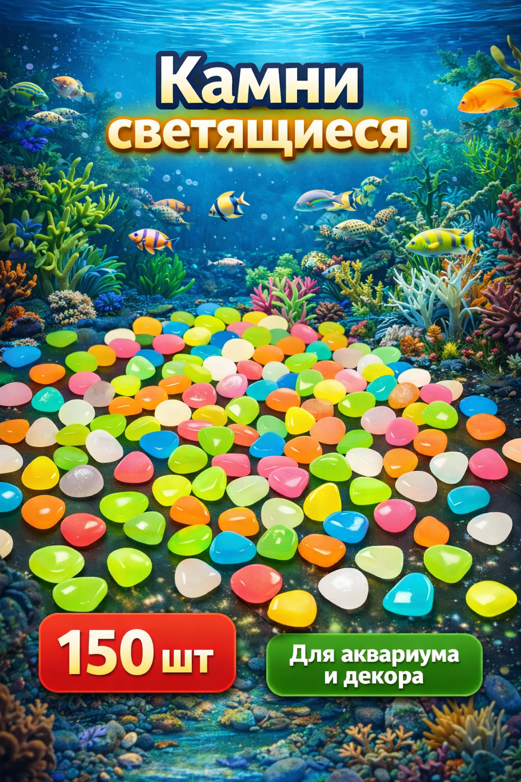 Декор для аквариума камни светящиеся 150 шт разноцветные, COLOR Si