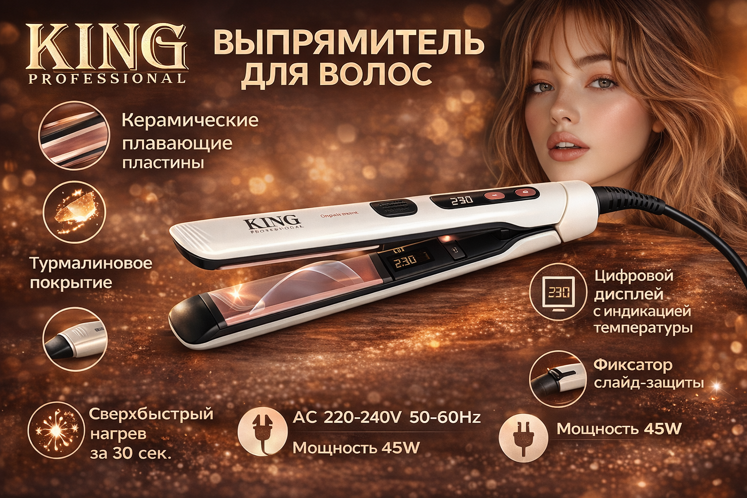 Профессиональный выпрямитель для волос KING KP-3105 с керамическими пластинами и дисплеем