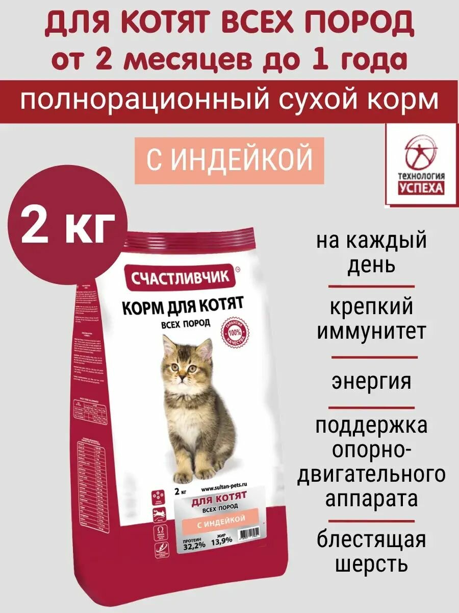 Корм для котят сухой 2 кг Счастливчик с индейкой сбалансированное питание на каждый день
