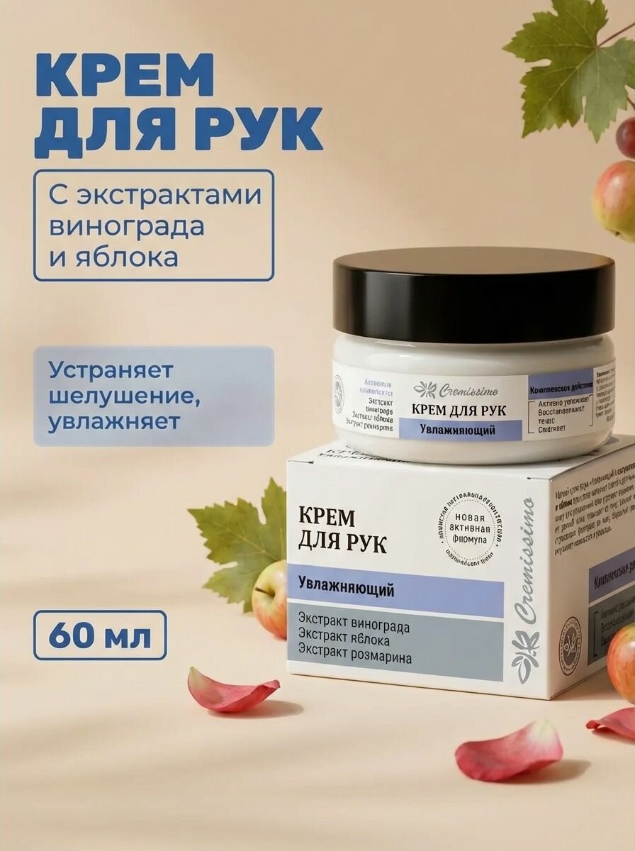 Крем для рук "Увлажняющий" с экстрактами винограда и яблока, бархатным ароматом розы и защитой от сухости и мороза, 60 мл