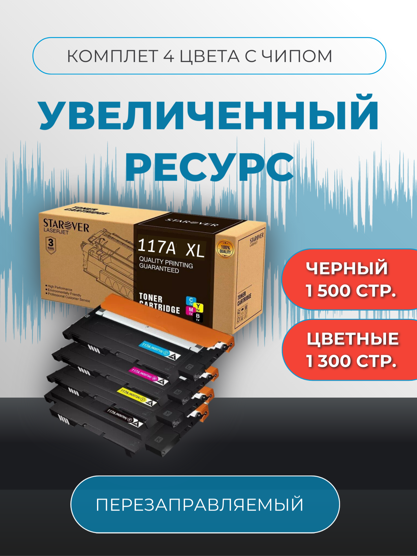 Комплект HP 117AXL с чипом ( W2070A, W2071A, W2072A, W2073A) для HP Color Laser 150a, 150nw, 178nw, 179fnw, совместимые