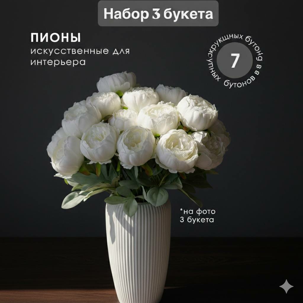 3 букета искусственных пионов, для декора, белый, 14 бутонов