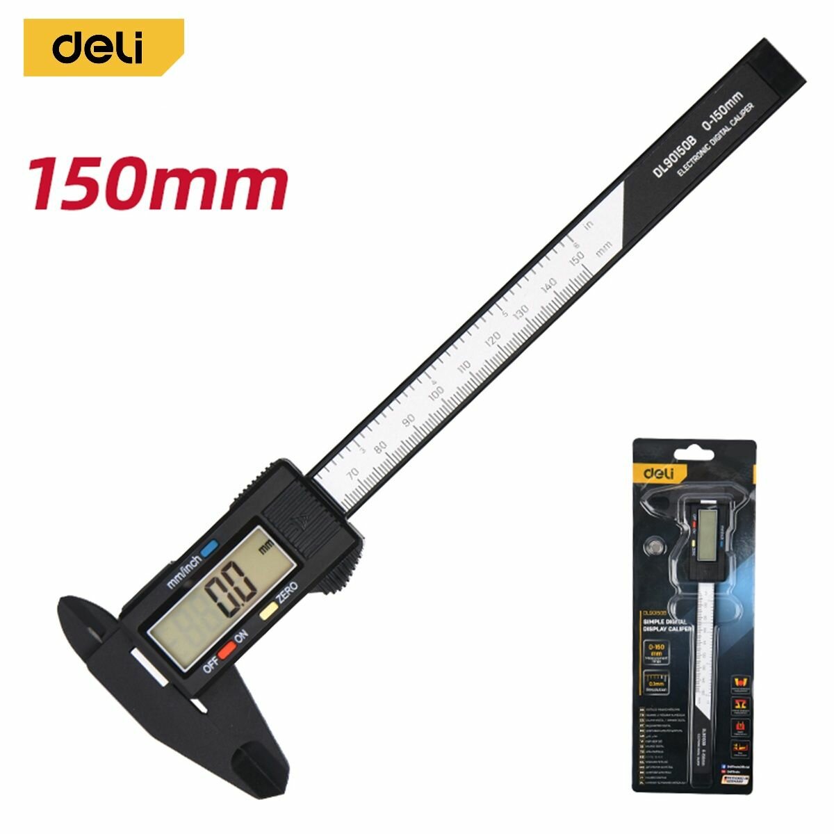Электронный штангенциркуль 150мм Deli DL90150B (метр/дюйм, пластик, LCD дисплей)