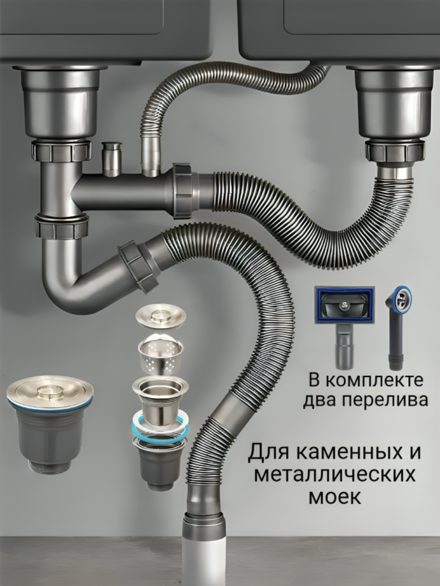 Двойной сифон для кухонной мойки из камня или металла. Хром.