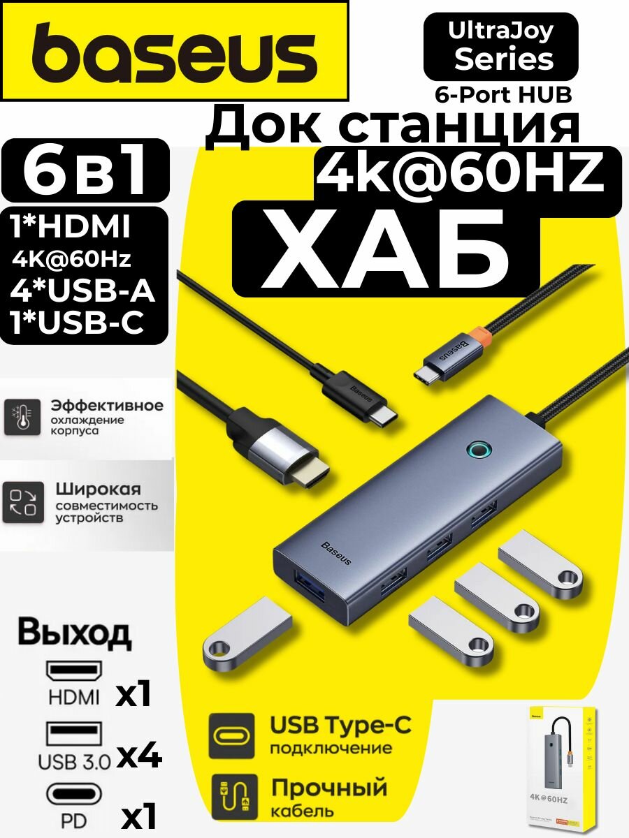 USB разветвитель Хаб 4K@60 Гц Хаб Baseus UltraJoy Series 6-в-1 type-c hub adapter / Адаптер / USB Концентратор / USB-Хаб / USB 3.0, HDMI, USB Type-C