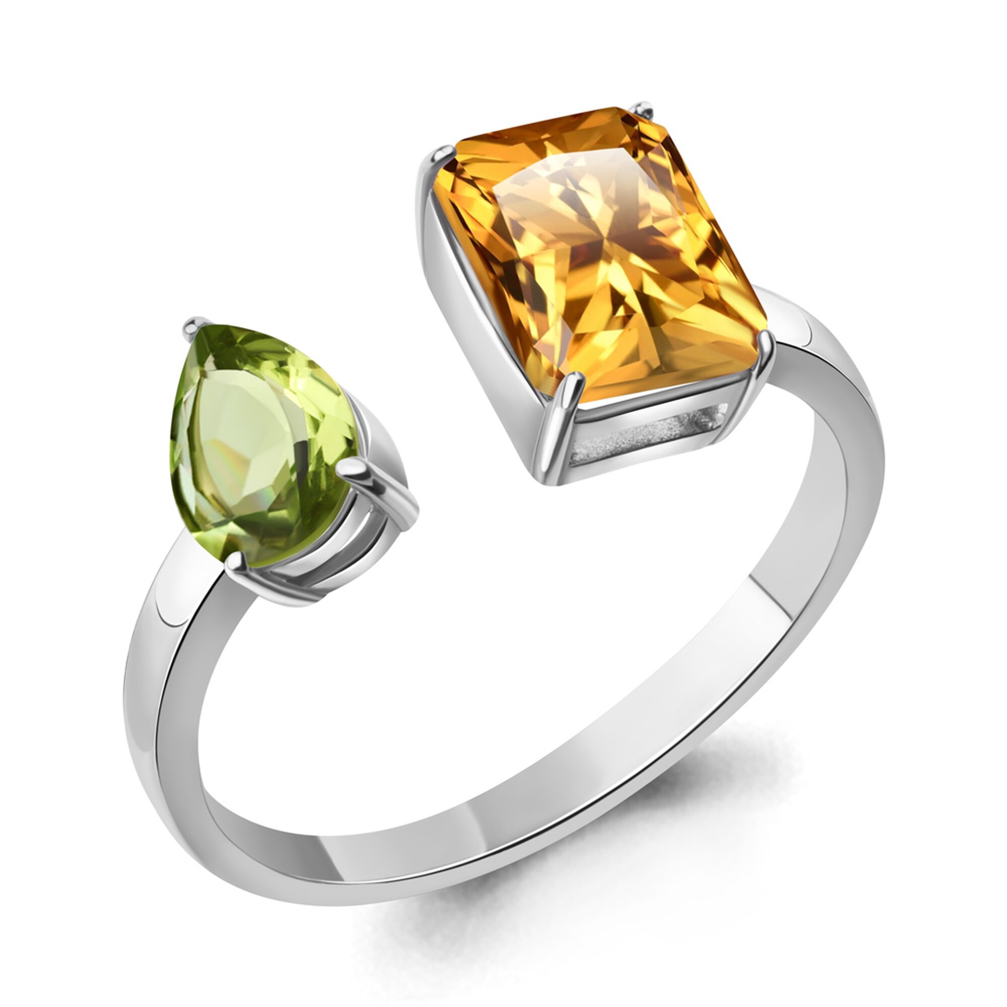 Кольцо, серебро, 925 проба, родирование, хризолит, цитрин