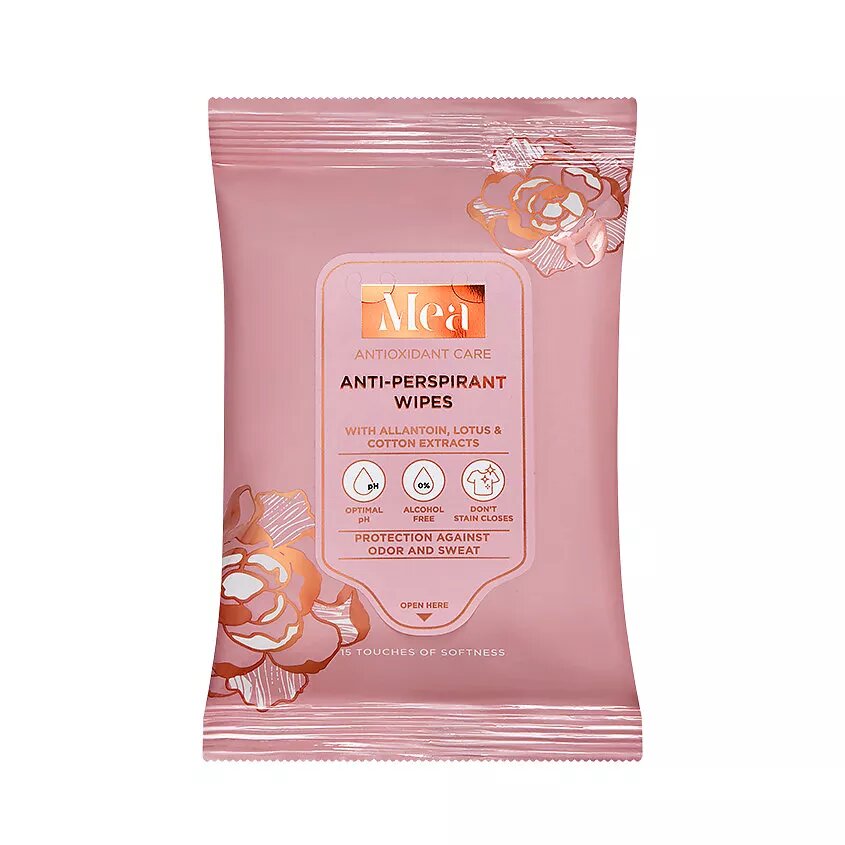 MEA Салфетки влажные антиперспирантные с аллантоином, экстрактами лотоса и хлопка Antioxidant Care, 15 шт.