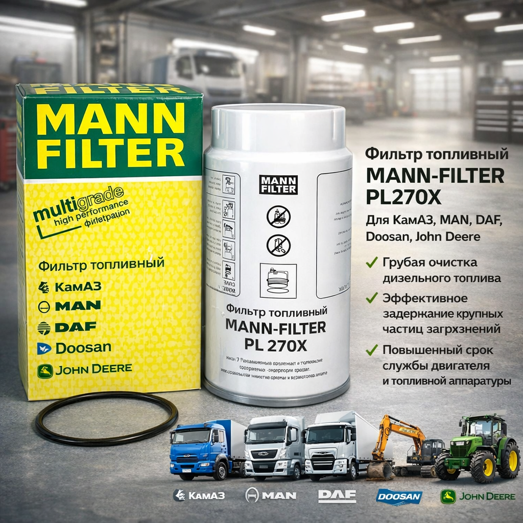 Фильтр топливный MANN-FILTER PL270X для KamAZ, MAN, DAF, Doosan, John Deere грубой очистки дизеля