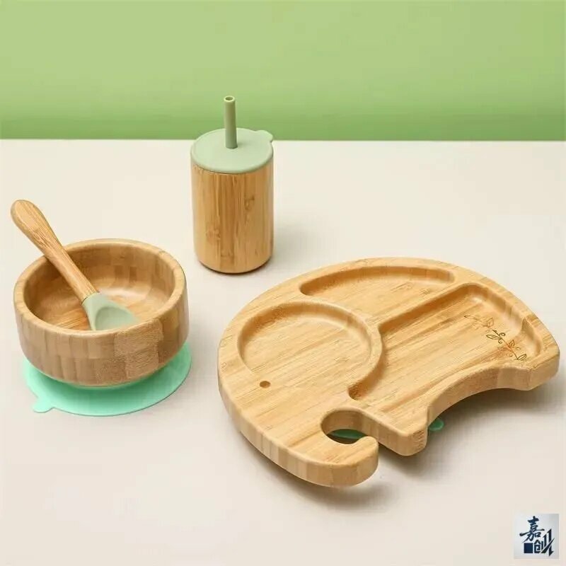 Детская присоска в виде слона, круглая бамбуковая миска, детская бамбуковая деревянная тарелка для дополнительной еды