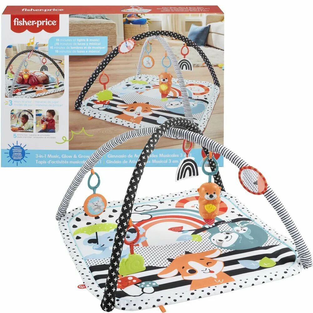 Fisher-Price, Музыкальный коврик Glow And Grow 3-в-1, спортивный коврик для малышей, с подсветкой и съемными игрушками