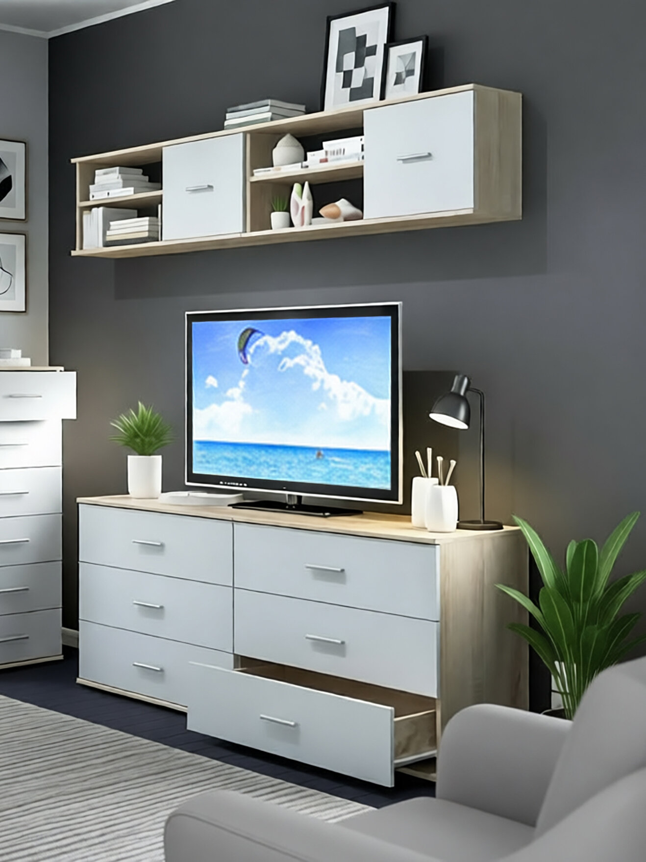 Комод столплит Мамбо СБ-2540/1. Н напольный с тремя ящиками для хранения, кдсп Дуб Сонома/Белый, 88*71*44 см.