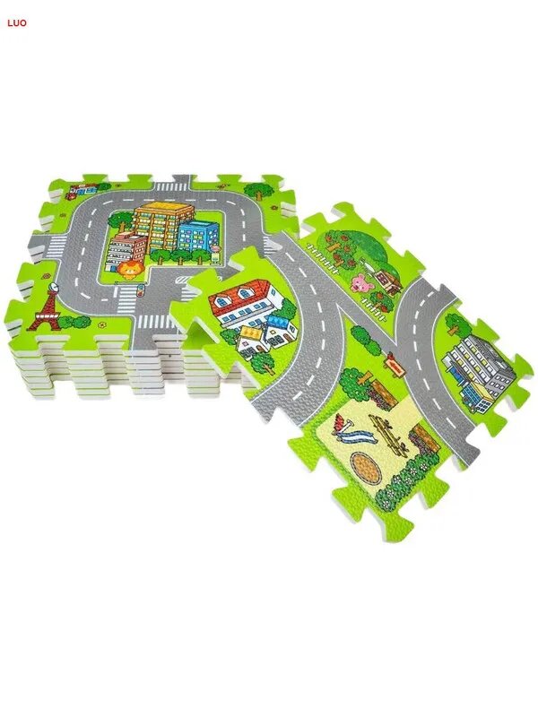 Детский коврик-пазл WellMat (Meitoku) с дорогами Город 30x30x1 см (9 шт.) с окантовкой игровой дороги развивающий для ползания водонепроницаемый складной на пол легко моется
